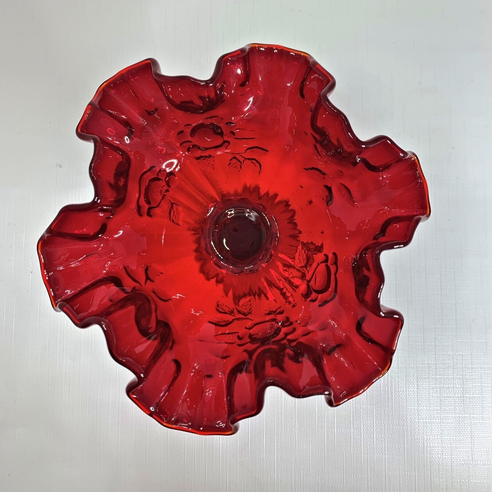 Fenton Ruby Red Glass Compote Cabbage Rose Vintage 60s Mid Century ...