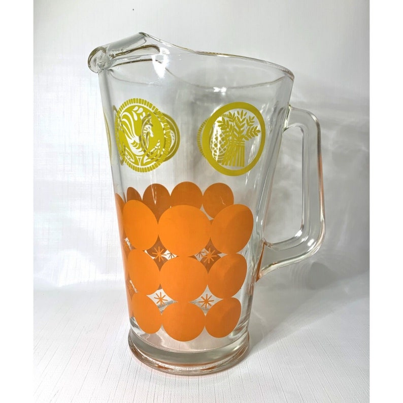 Retro Orange Polka Dot Medallion Pitcher Drinking Glasses Tumblers Bird ...
