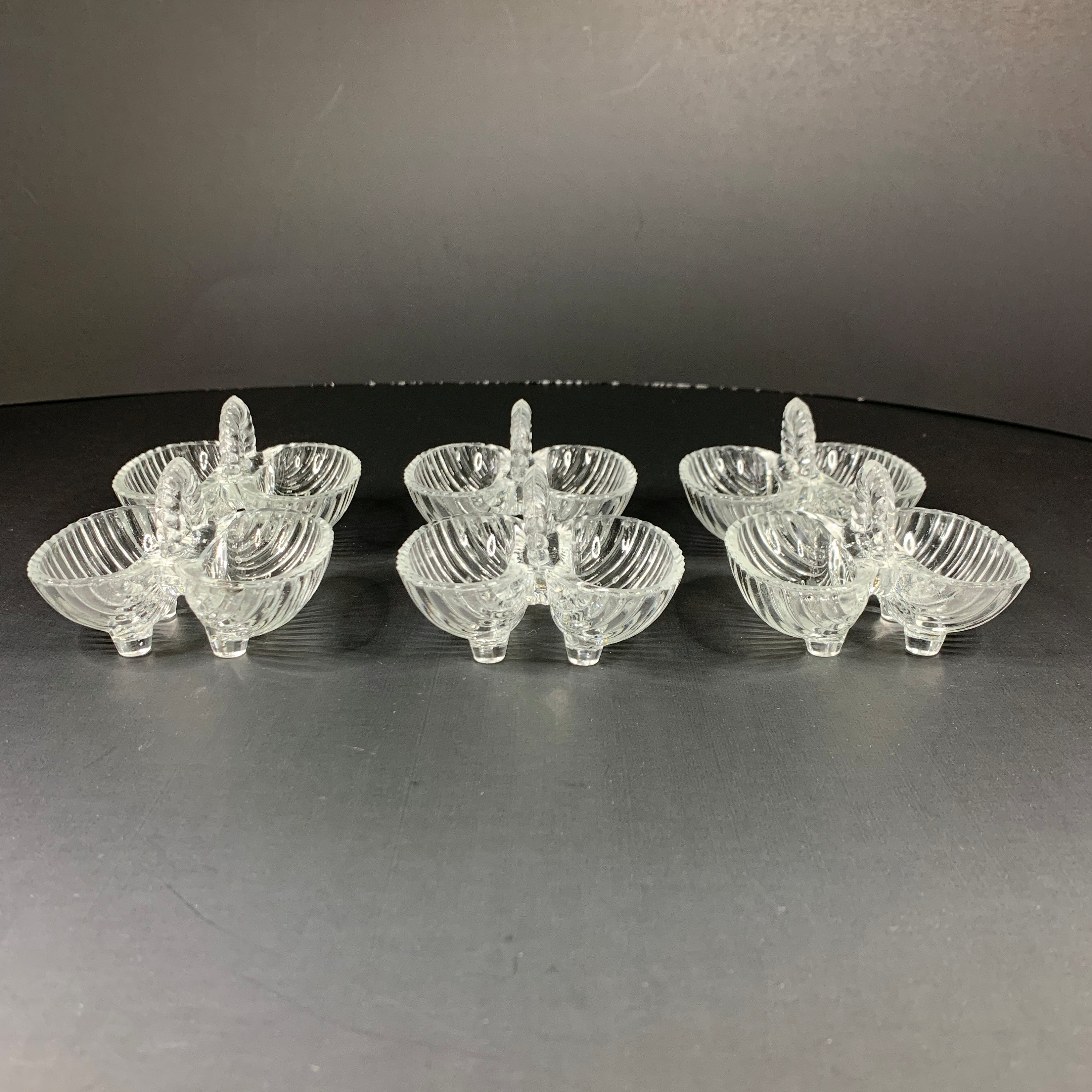 Double Seashell Open Salt Cellar Clear Glass Japan Vintage Set of 6 Mid ...