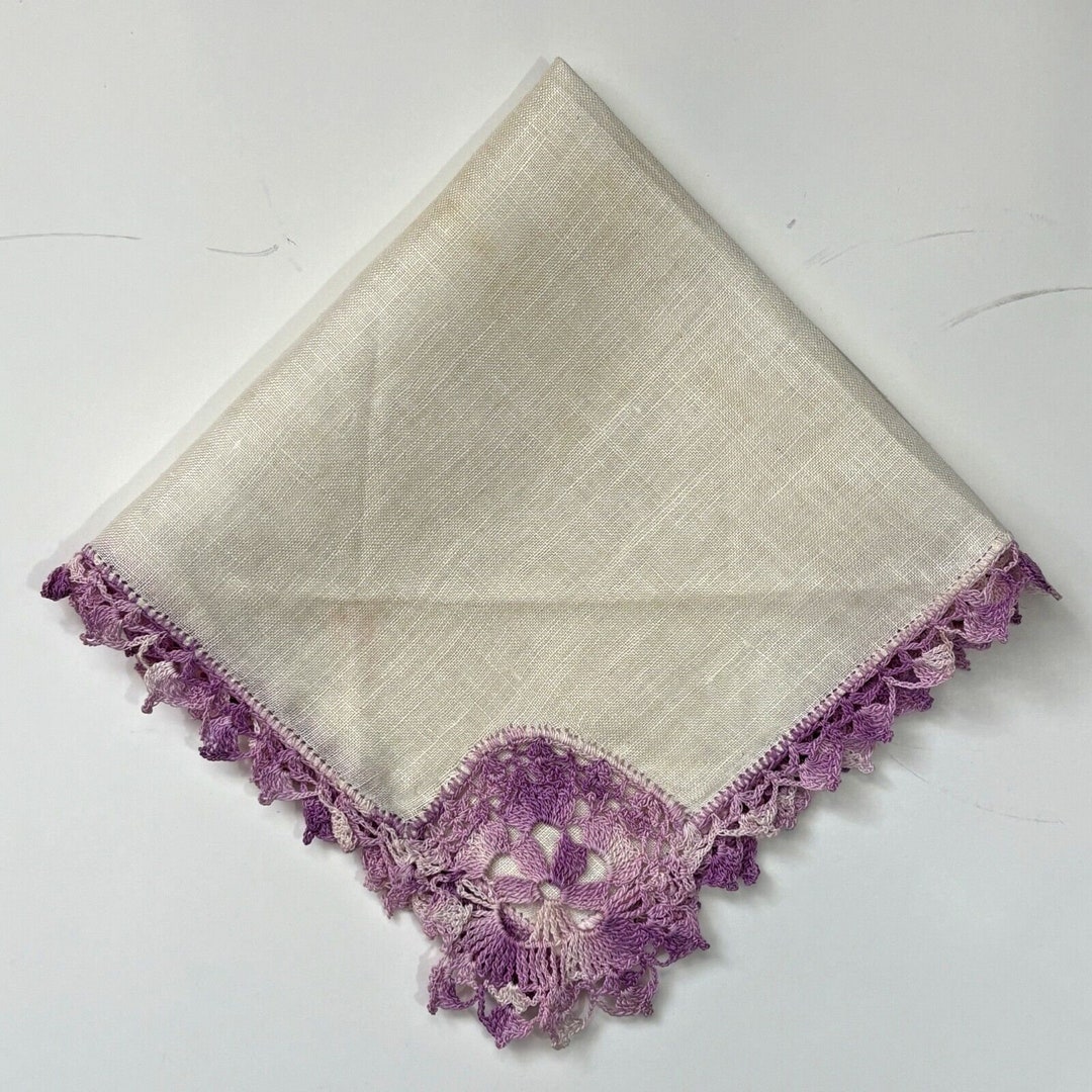 White Linen Crochet Flower Handkerchief Variegated Purple Vtg Cottage ...