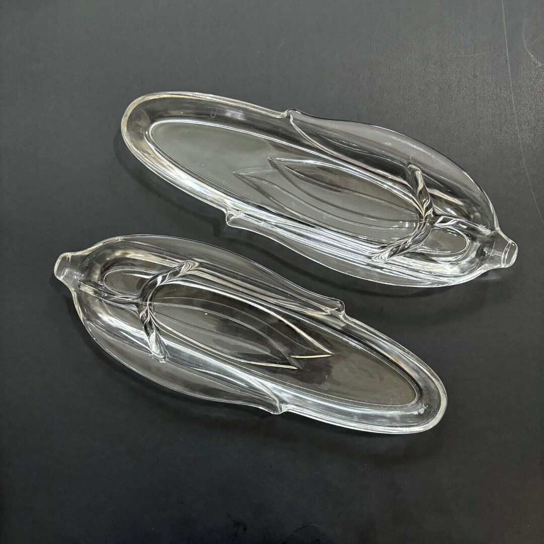 Glass Corn on Cob Dishes Set 2boats Pressed Heavy Mid Century 1940s ...