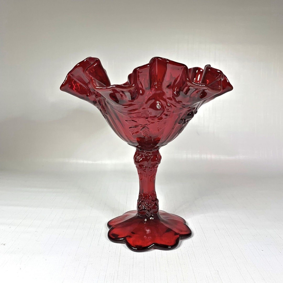 Fenton Ruby Red Glass Compote Cabbage Rose Vintage 60s Mid Century ...