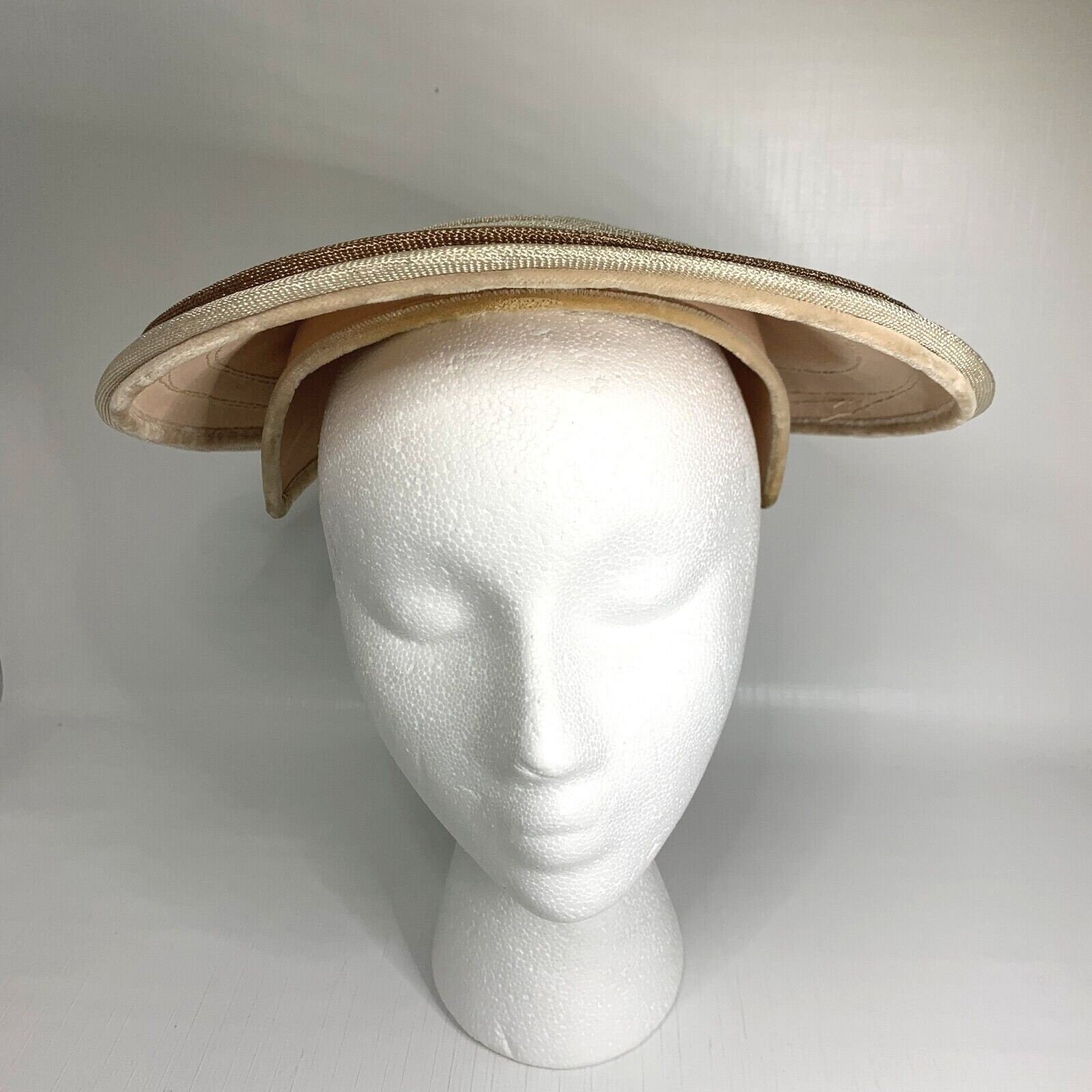 1950s Two Tone Beige Tan Platter Saucer Pancake Hat Pleated Velvet Bow ...