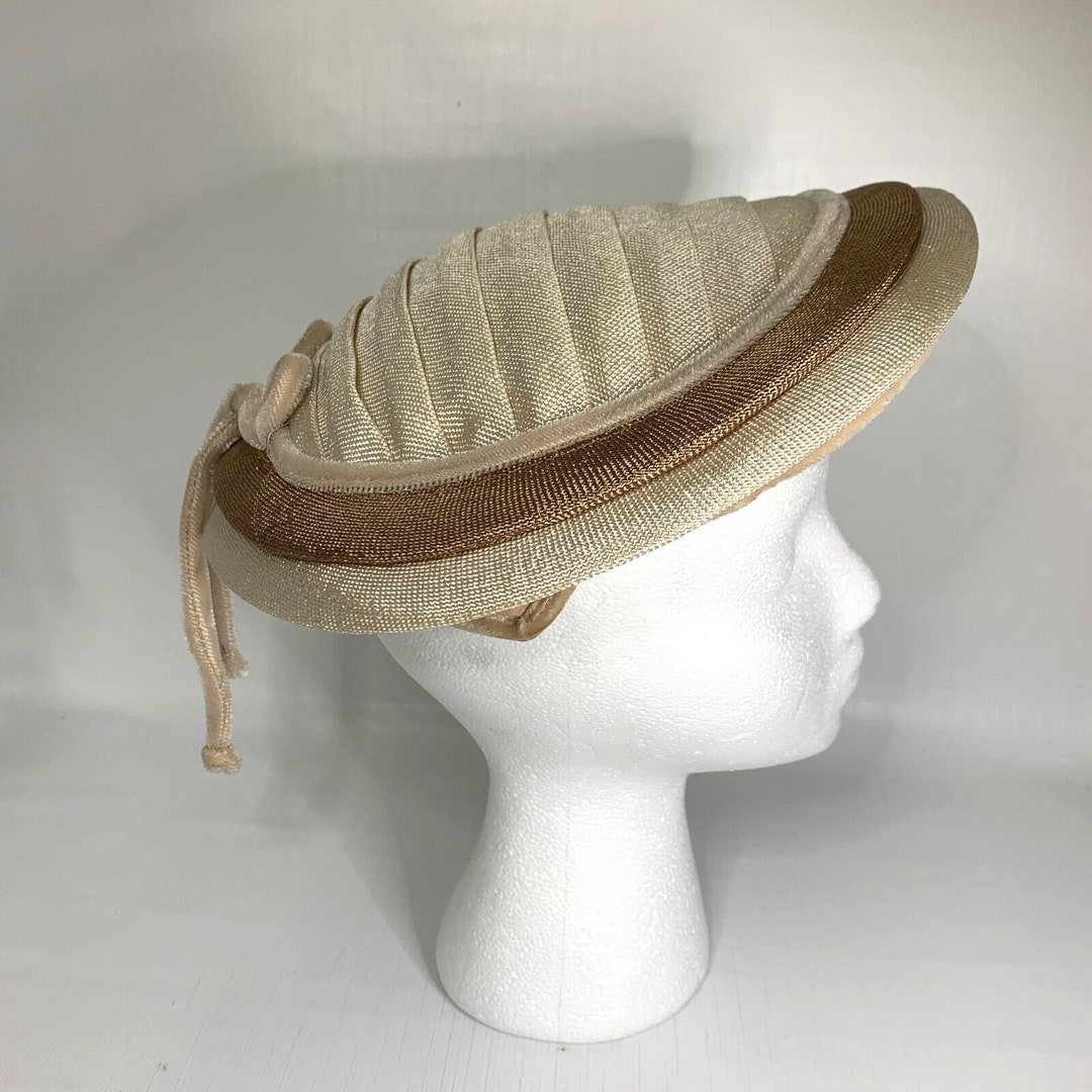 1950s Two Tone Beige Tan Platter Saucer Pancake Hat Pleated Velvet Bow ...