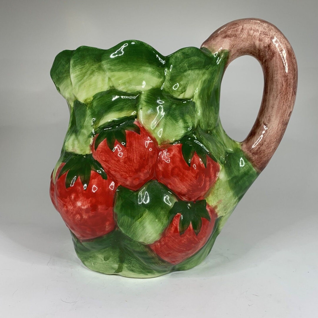 Italian Hand Painted Strawberry Pitcher Pottery Fruit Country Farmhouse ...