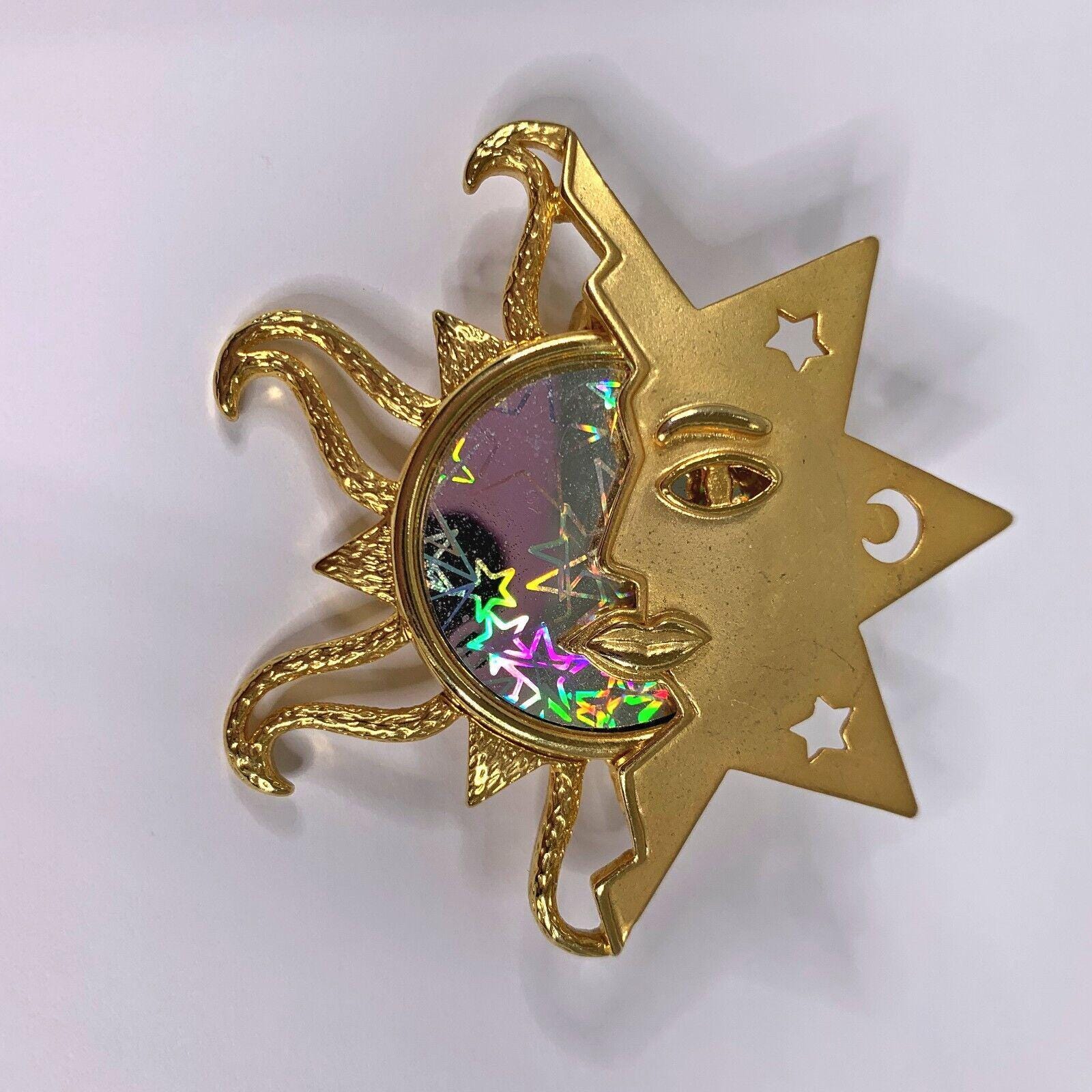 JJ Sun Moon Brooch Pin Gold Tone Stars Costume Fashion Jewelry Vintage ...