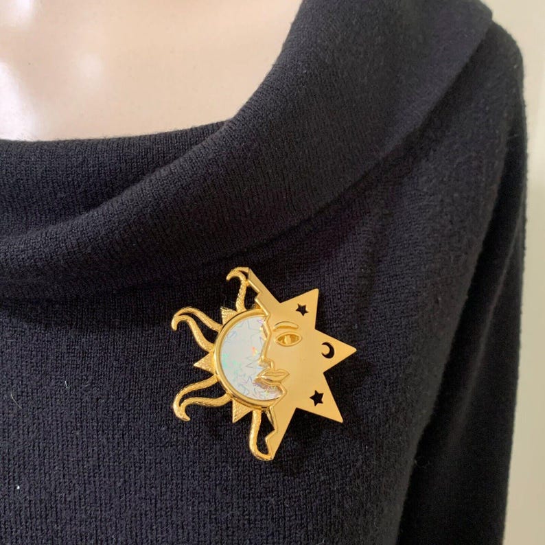 JJ Sun Moon Brooch Pin Gold Tone Stars Costume Fashion Jewelry Vintage ...