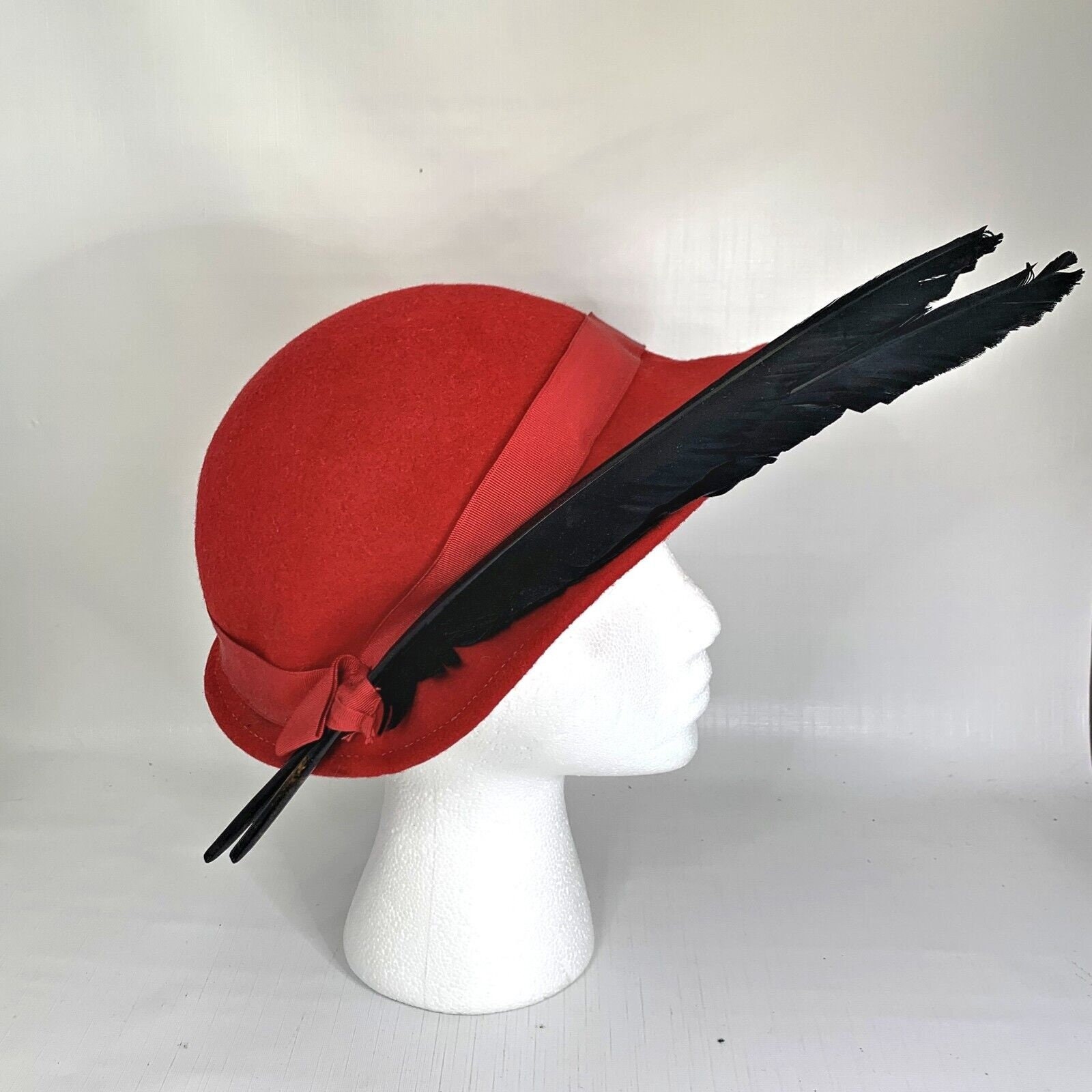 Vintage Womens Red Wool Felt Hat Black Feather Accents Mid Century ...