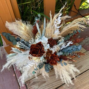 RUSTY BLUES : Rustic Boho /rust/ivory/dusty Blue/ Wood Flowers/ Pampas ...