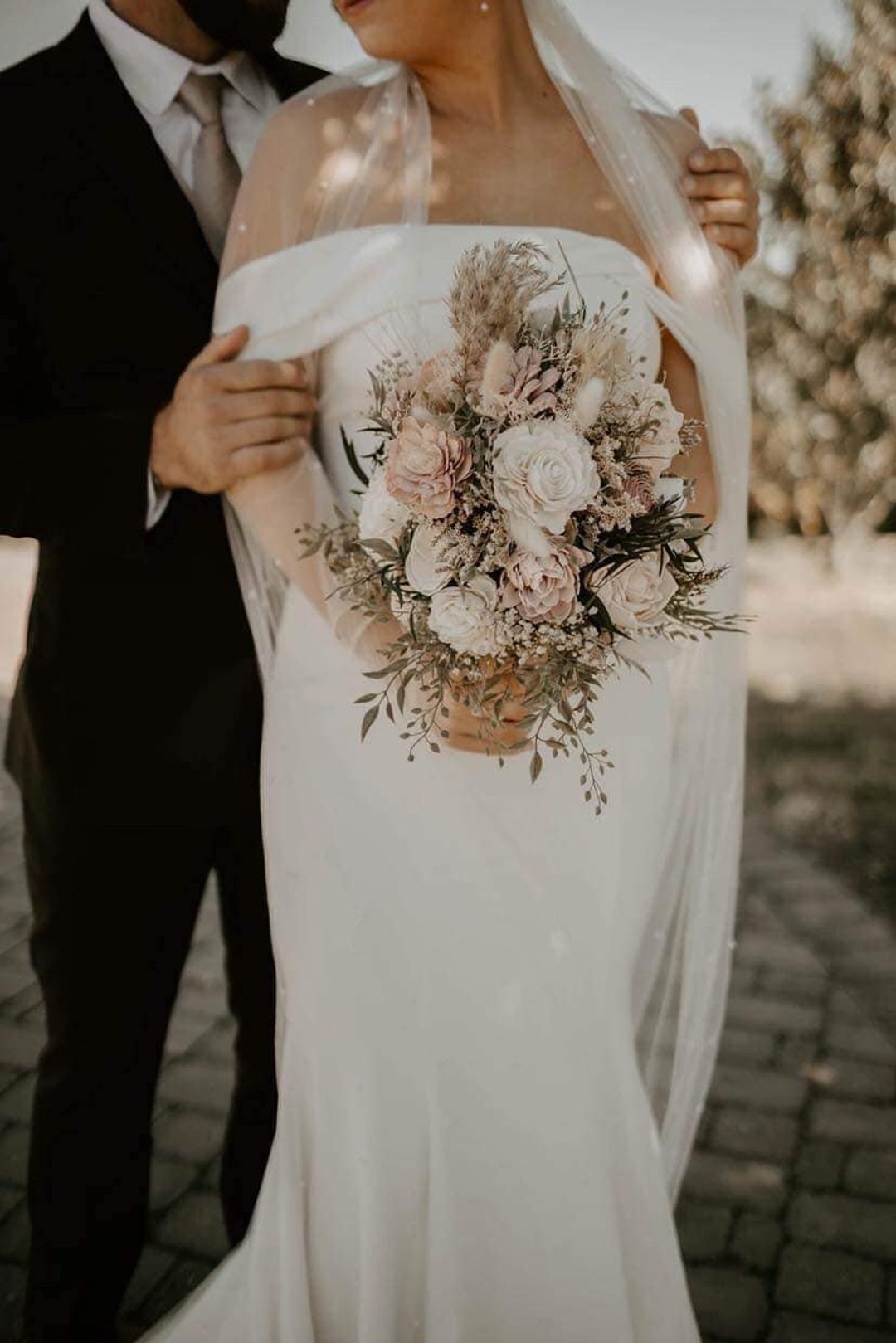 SWEET LOVE: Boho/ Bridal Bouquet/ Ivory/ Pink/ Pampas/ Eucalyptus/ Wood ...