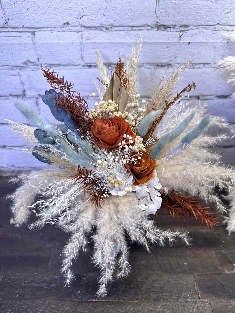 RUSTY BLUES : Rustic Boho /rust/ivory/dusty Blue/ Wood Flowers/ Pampas ...