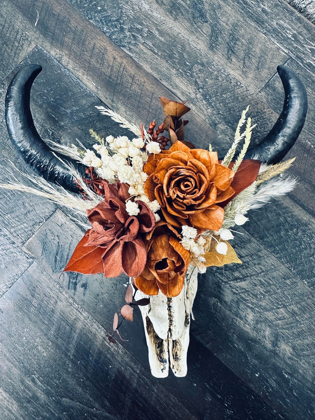 Ox HORN SKULL DECOR: Ox Horn Skull Decor/ Wood Flowers/ Wedding/ Decor ...