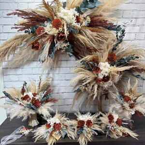 RUSTY BLUES : Rustic Boho /rust/ivory/dusty Blue/ Wood Flowers/ Pampas ...