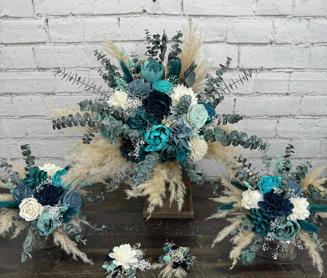 OCEAN WAVES : Boho /bridal Bouquet /ivory /blue /eucalyptus / Wood ...