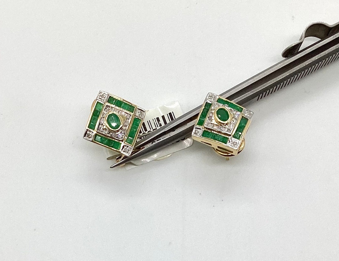 Genuine Emeralds and Natural Diamonds Solid 14K Yellow Gold French ...