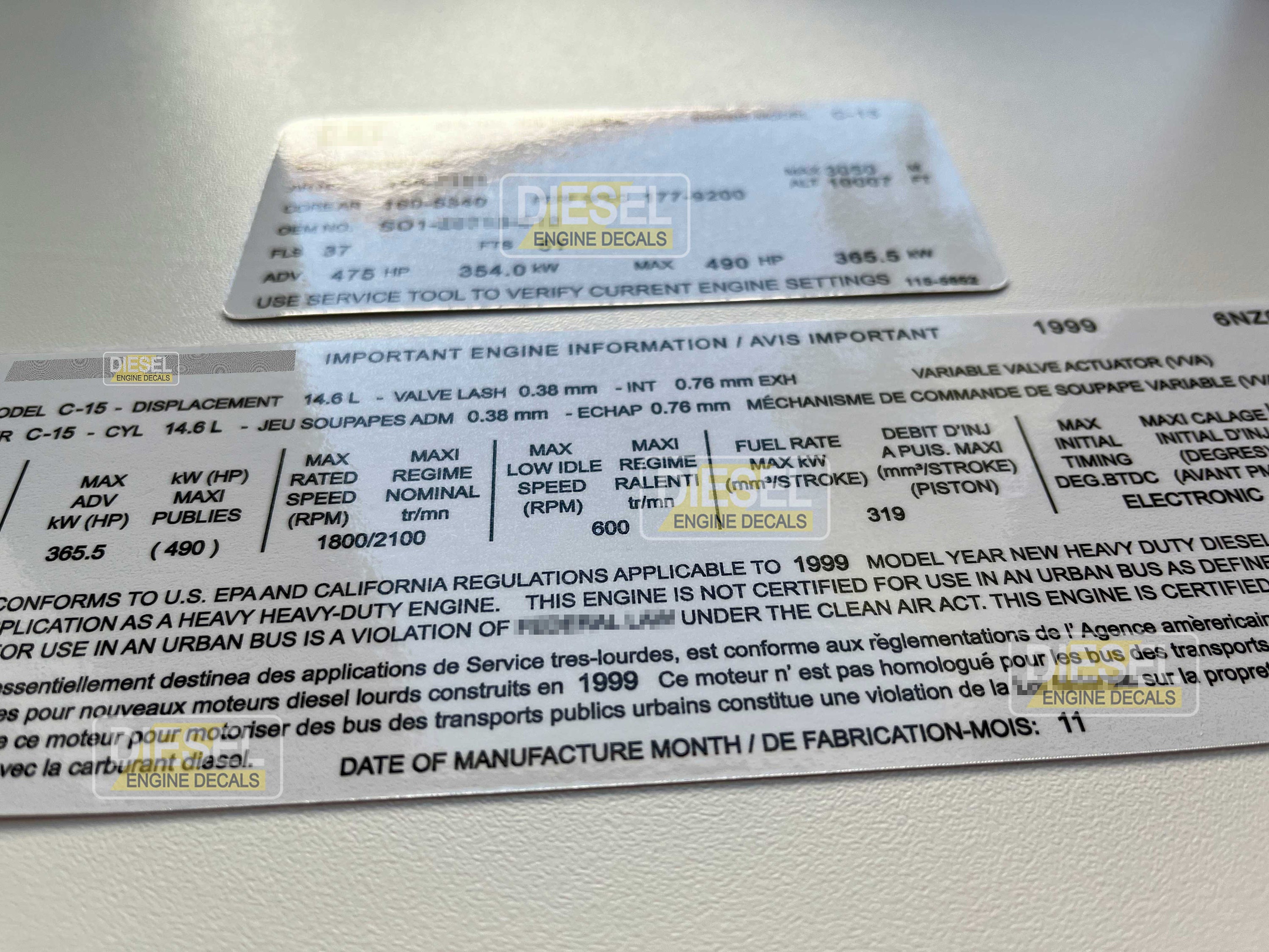 CAT C-15 6NZ 14.6L Diesel Engine Valve Cover Sticker Decal 1999 CUSTOM ...