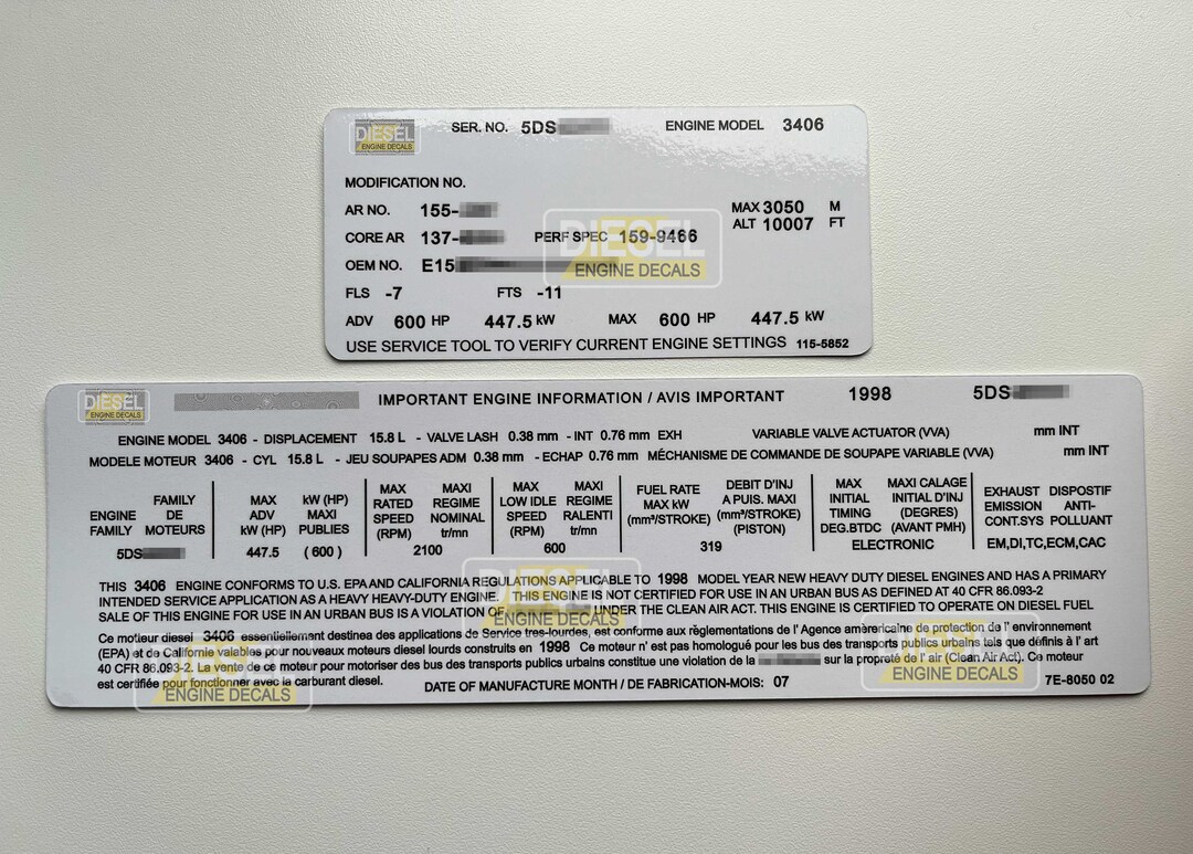 CAT 3406 5DS 15.8L 600HP Diesel Engine Valve Cover Sticker Decal 1998 ...