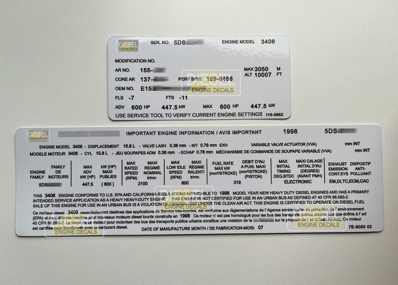 CAT 3406 5DS 15.8L 600HP Diesel Engine Valve Cover Sticker Decal 1998 ...