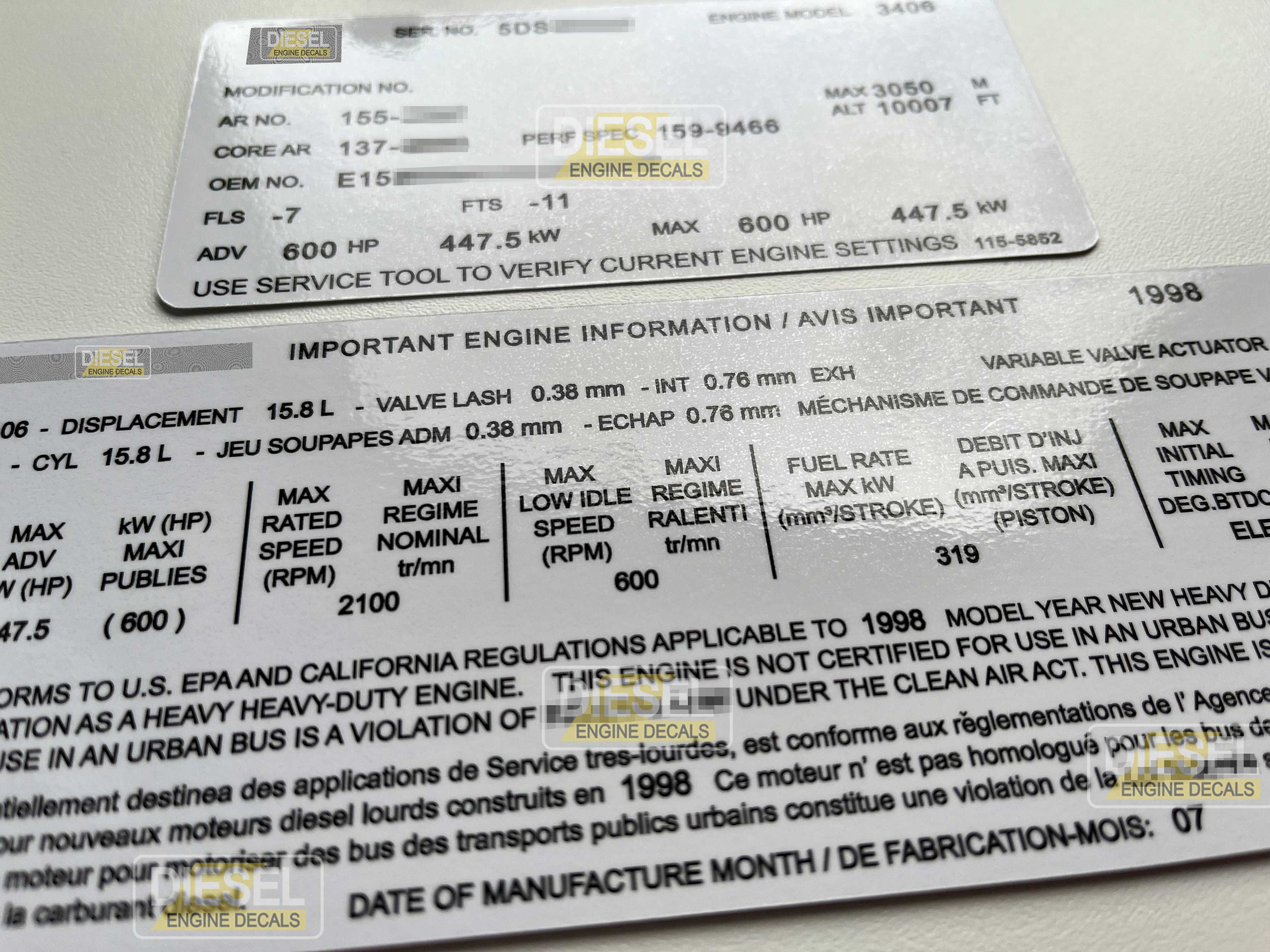 CAT 3406 5DS 15.8L 600HP Diesel Engine Valve Cover Sticker Decal 1998 ...