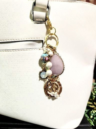 Purse Dangle, Bag Charm, Keychain, Lavender Jade, Gold, Pearls ...