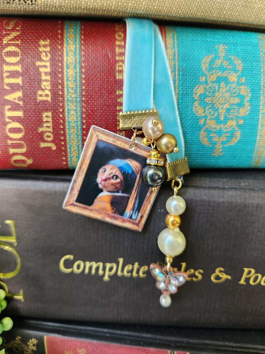 Cat Artwork Bookmark: Upcycled Jewelry Book Accessory, Blue Velvet ...