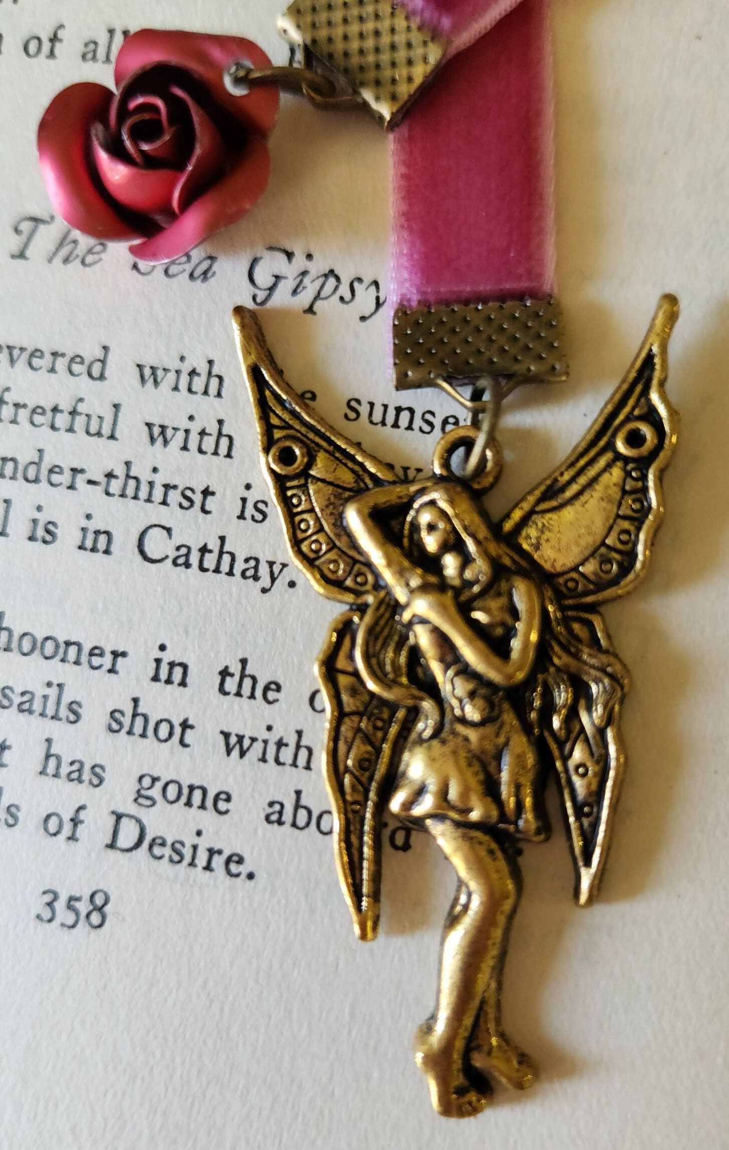 Rose Fairy Sprite Fantasy Bookmark Magenta Velvet Ribbon Gold Charm ...