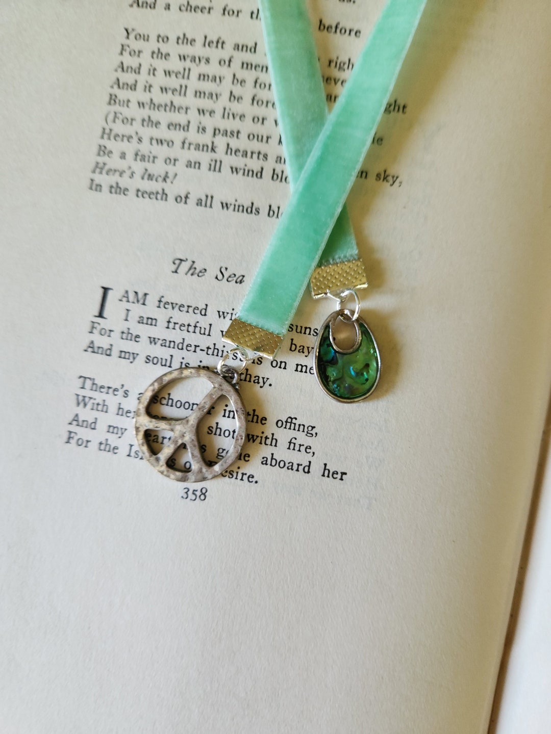 Peace Sign Bookmark, Handmade, Hippie Style Charm, Teal Velvet Ribbon ...