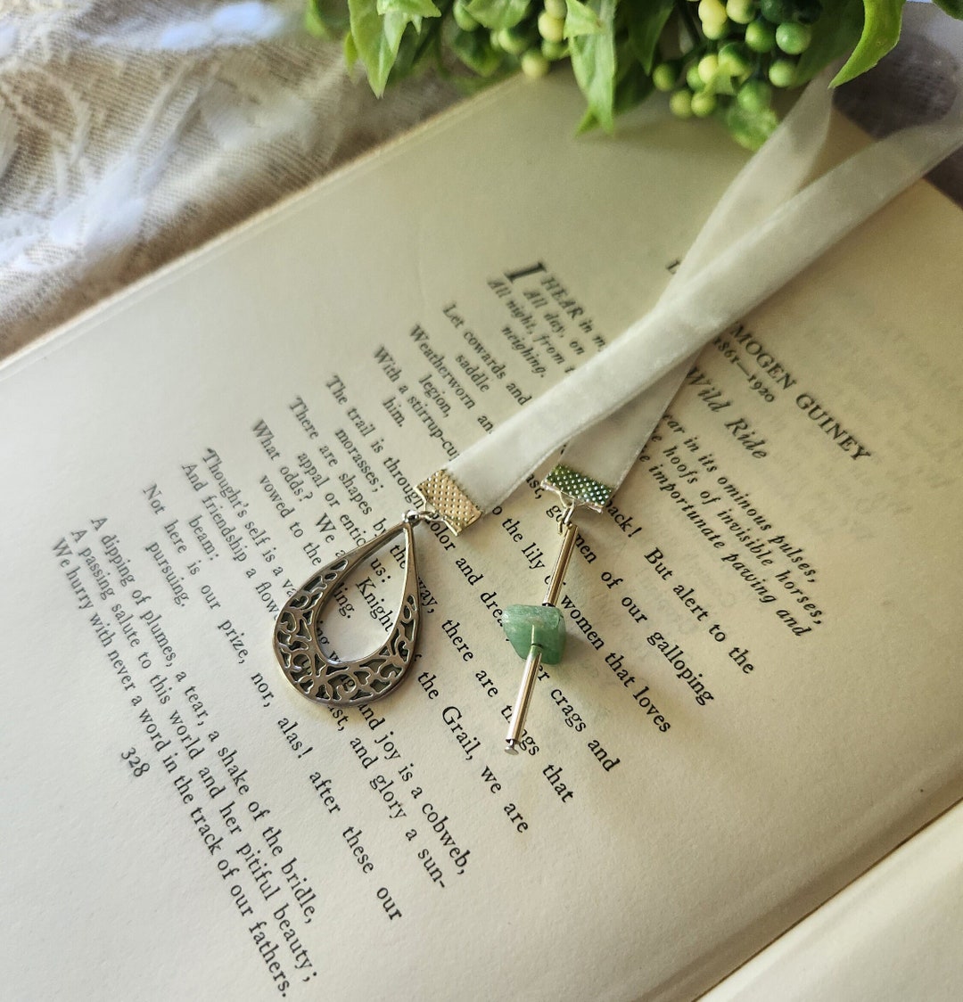Jade Stone Bookmark, White Velvet Ribbon, Handmade, Vintage Upcycled ...