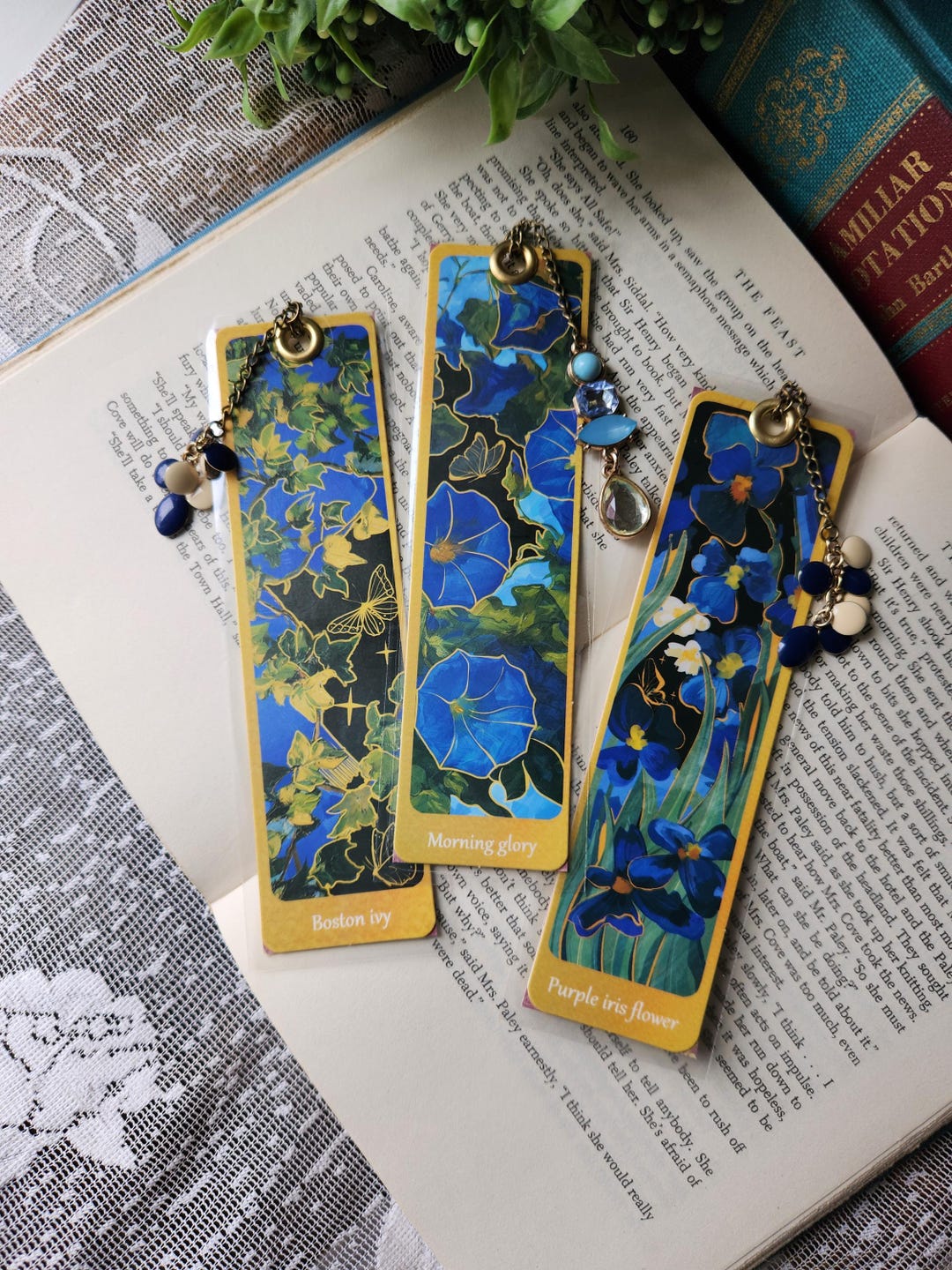 Blue Flower Art Bookmarks: Jeweled Tassel Laminated Cardstock - Etsy