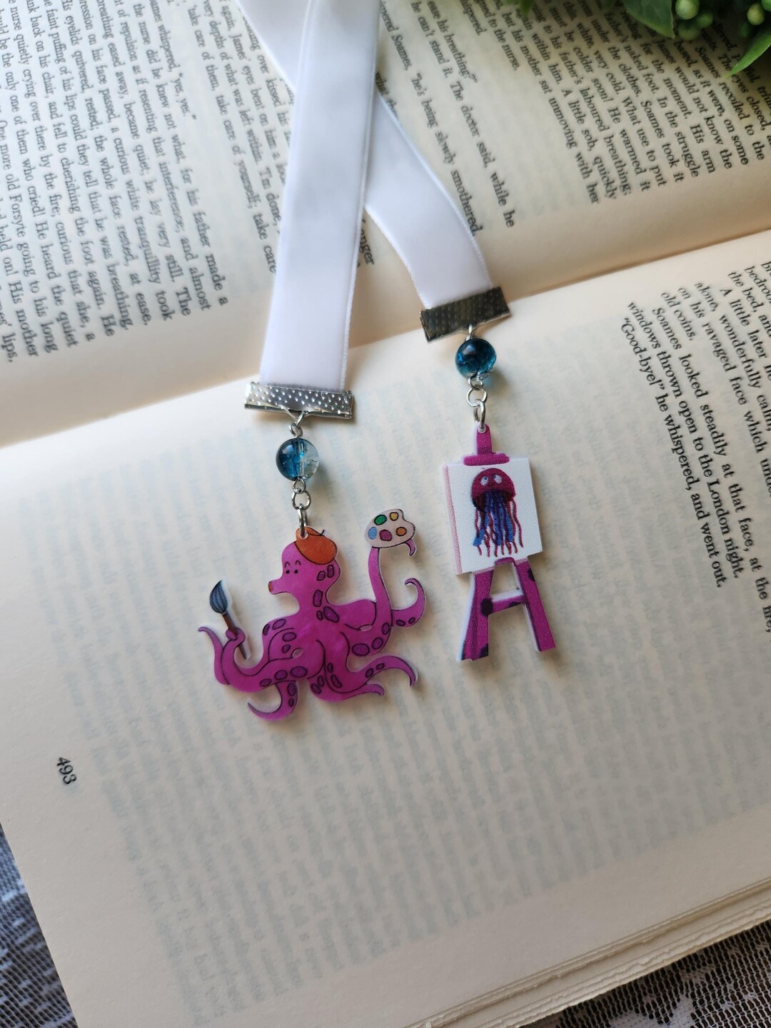Pink Octopus Charm Bookmark | White Velvet Ribbon | Painter Gift Idea ...