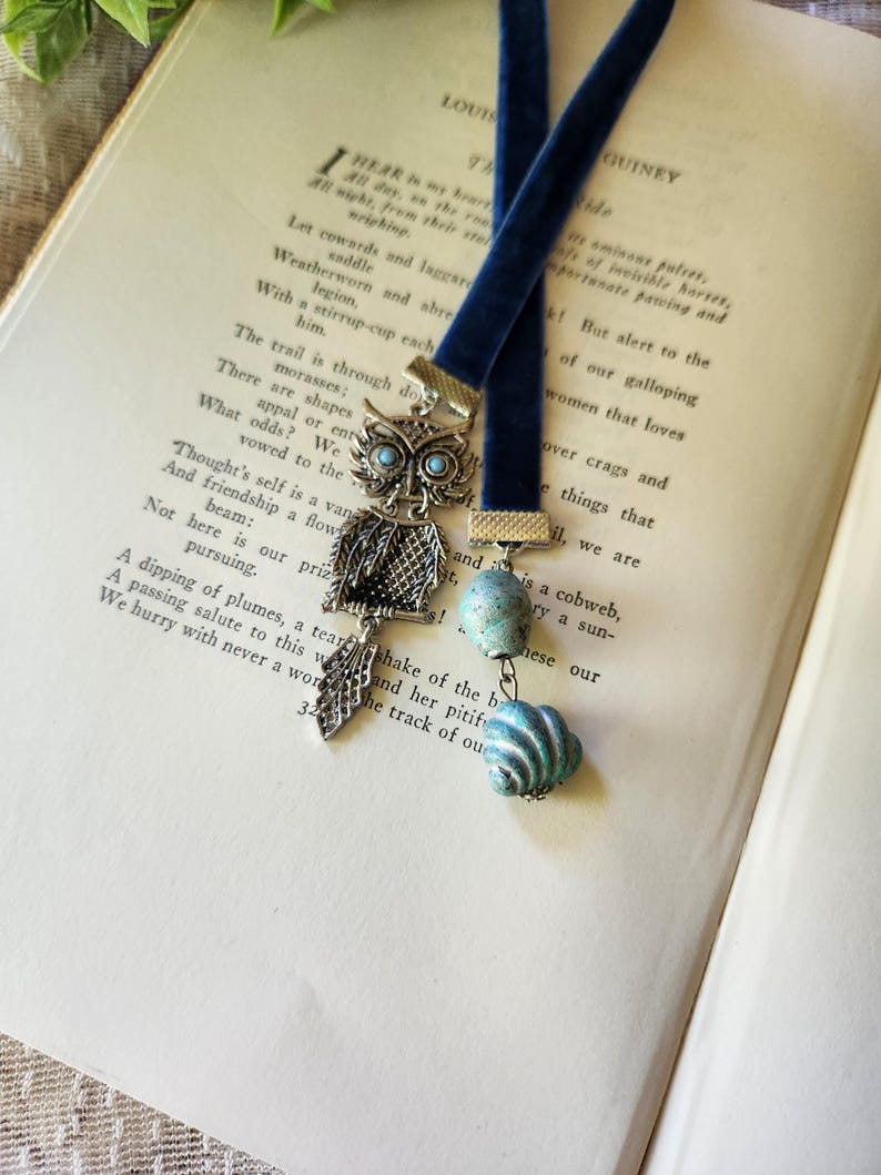 Owl Bookmark | Blue Velvet Ribbon, Upcycled Vintage Jewelry - Etsy