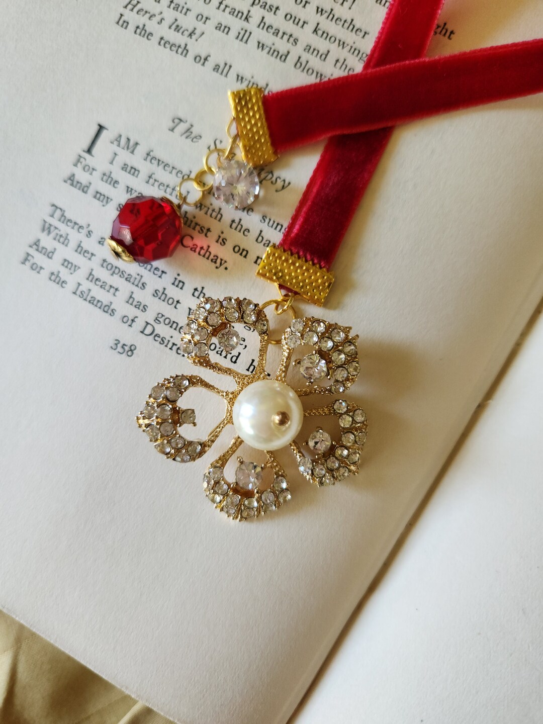 Rhinestone Rose Bookmark, Dark Red Velvet Ribbon, Book Thong, Reading ...