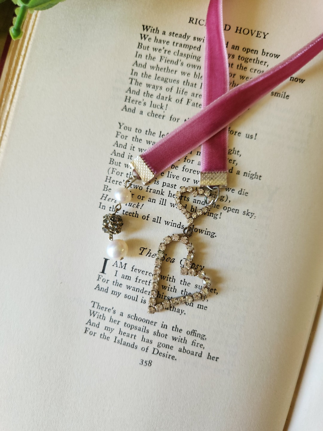 Rhinestone Heart Ribbon Bookmark Pink Velvet Book Jewelry Junk Journal ...