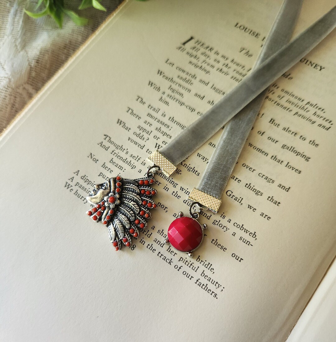 Indian Chief Bookmark | Feathered Head Dress | Grey Velvet Ribbon ...