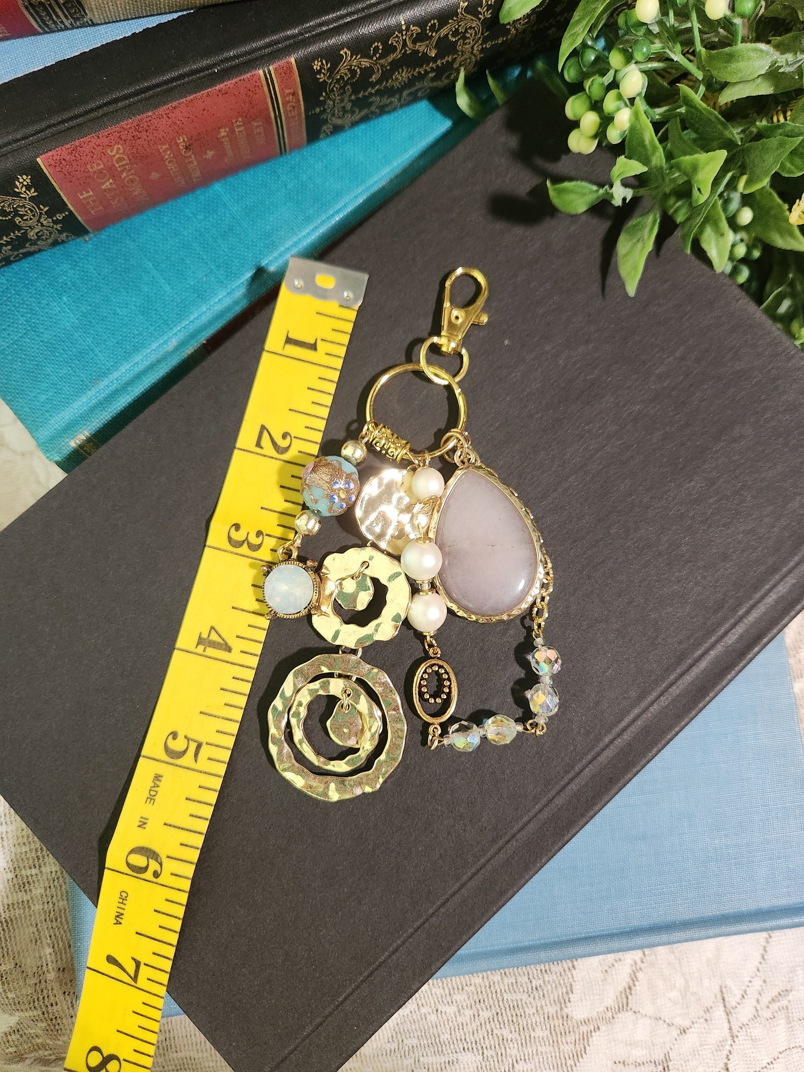 Purse Dangle, Bag Charm, Keychain, Lavender Jade, Gold, Pearls ...