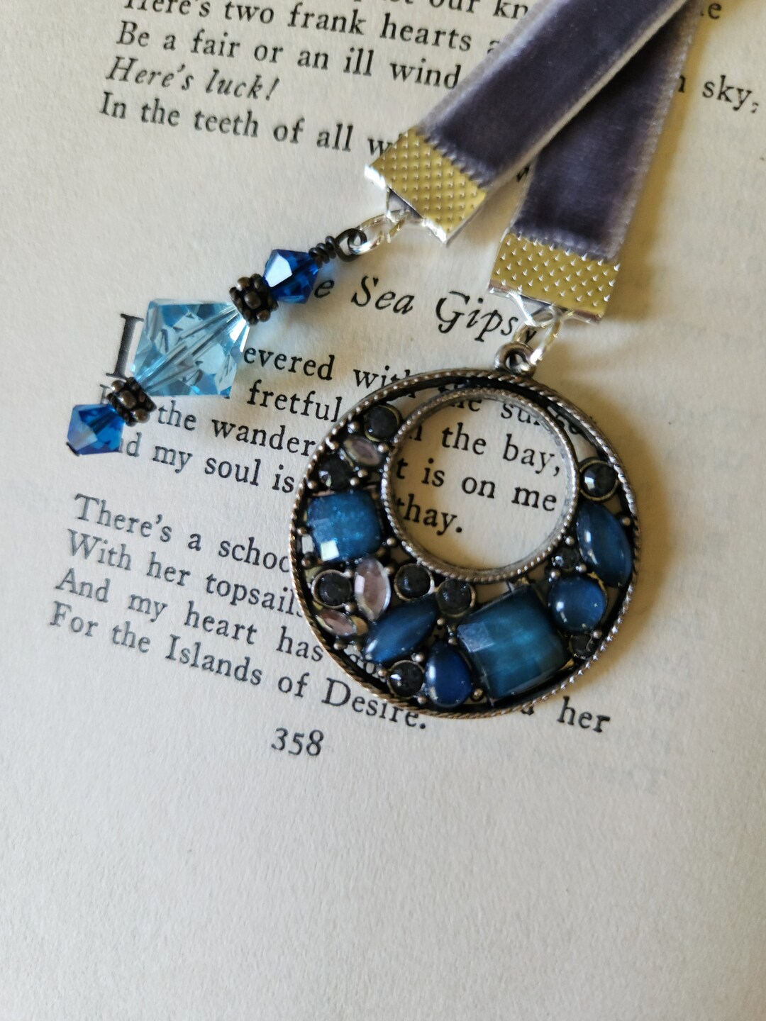 Blue Gemstone Oval Pendant Bookmark Dark Grey Velvet Ribbon Book ...