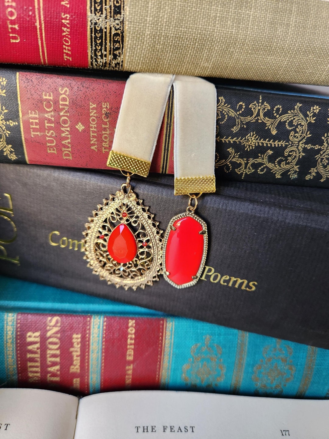 Filigree Teardrop Bookmark: Red Jewel, Gold Plated, Velvet Ribbon - Etsy