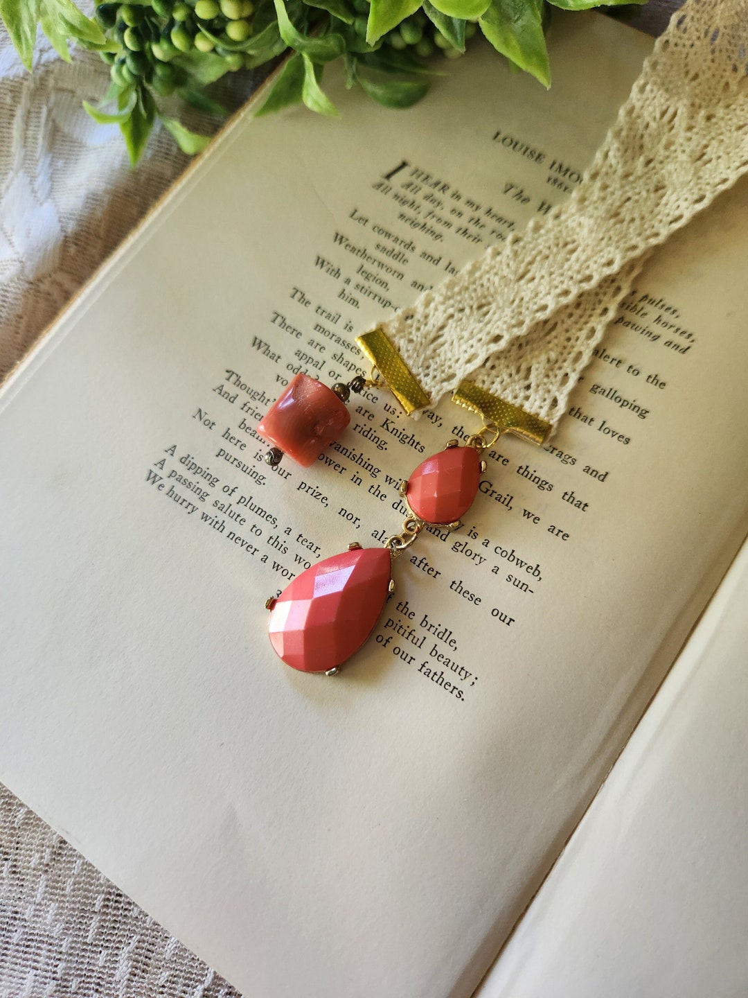 Vintage Jeweled Bookmark, Ivory Crocheted Lace Ribbon, Handmade ...