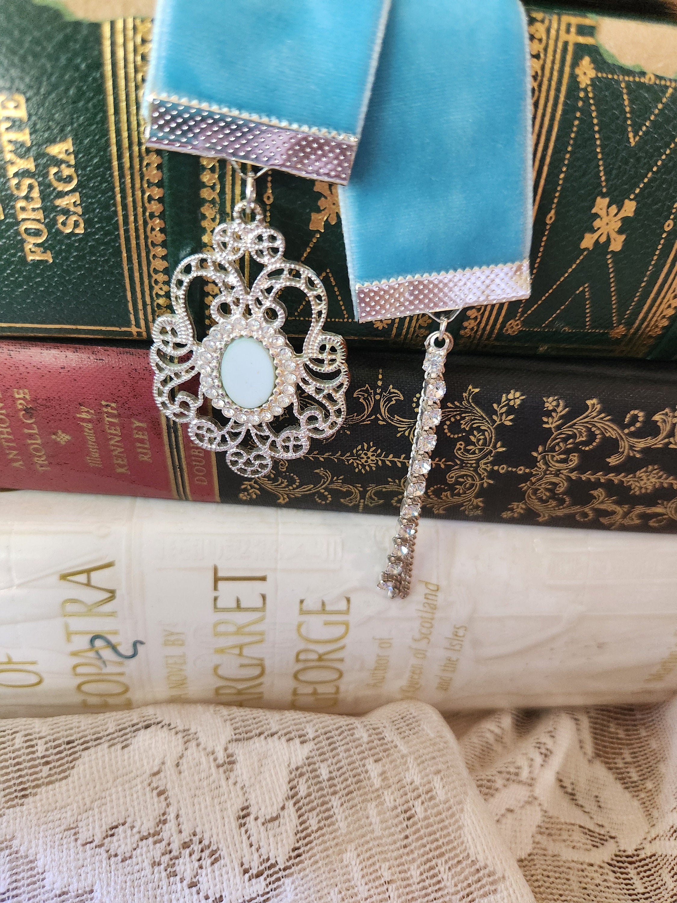 Victorian Crest Pendant Bookmark Silver Rhinestones Blue Velvet Ribbon ...