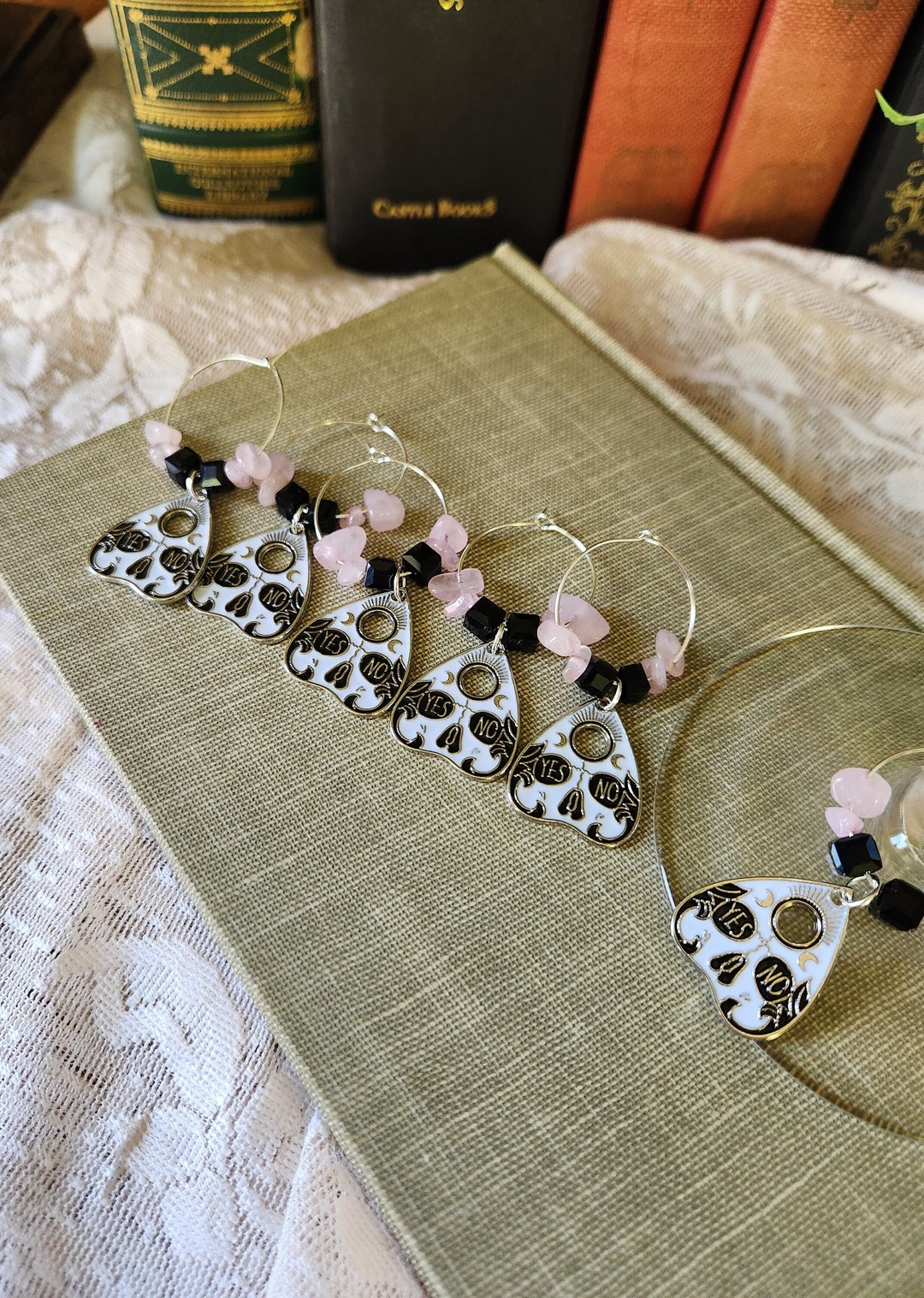 Planchet Skulls Rose Quartz Wine Glass Charms Set of 6 Ouija Board ...