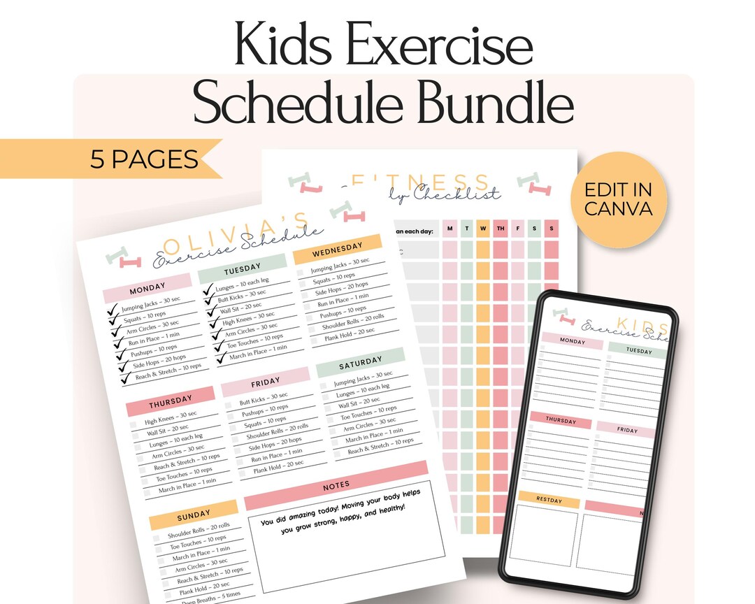 Editable Kids Movement Chart Bundle, Kids Daily and Weekly Exercise ...