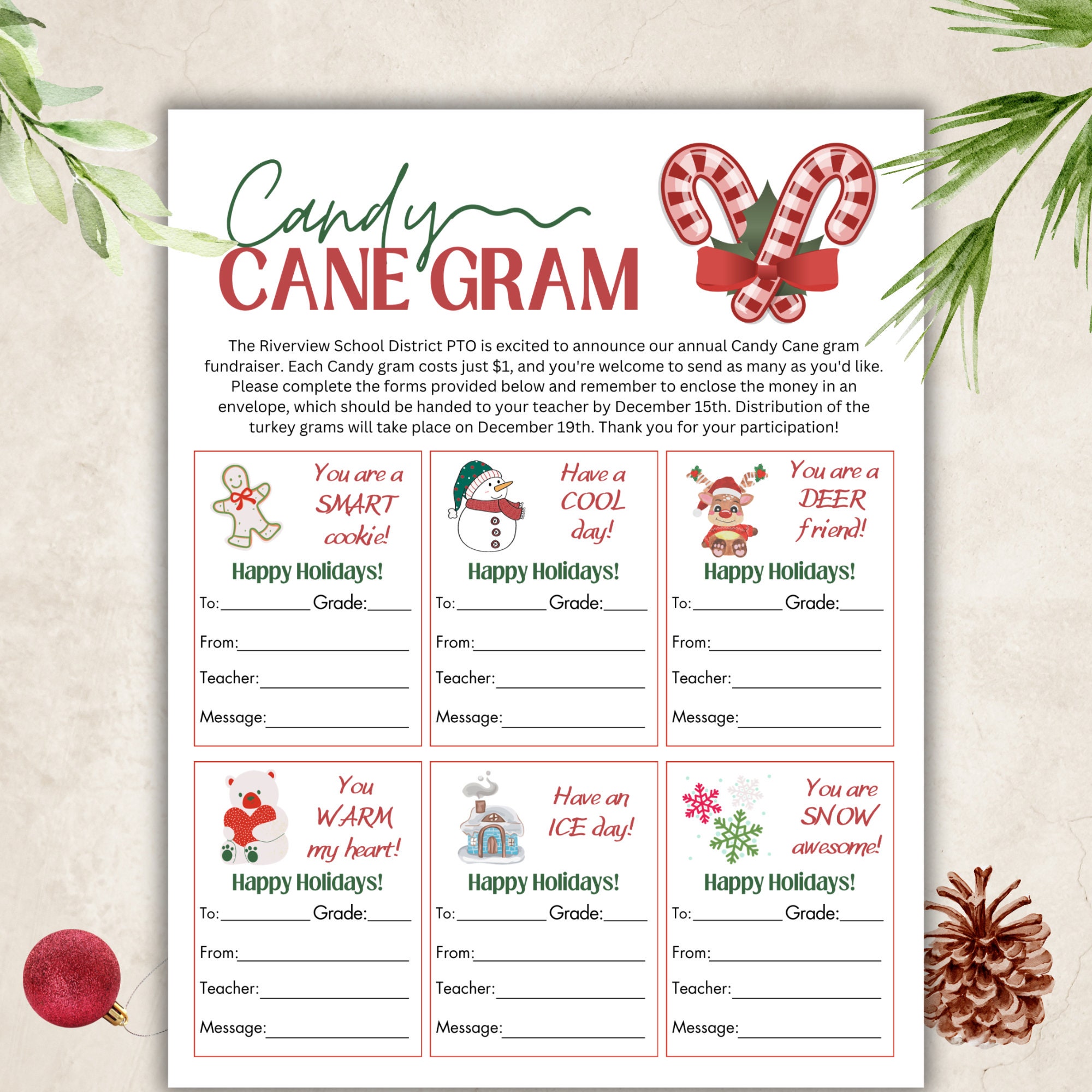 Editable Holiday Candy Cane Gram Printable, PTO, PTA Christmas Flyer - Etsy