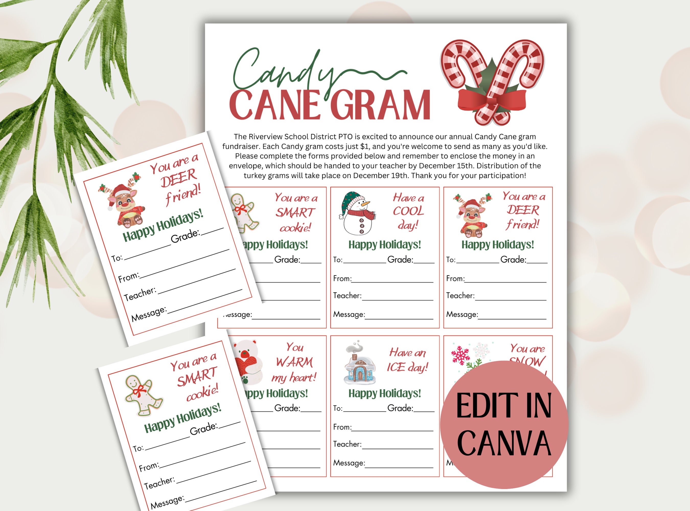 Editable Holiday Candy Cane Gram Printable, PTO, PTA Christmas Flyer - Etsy