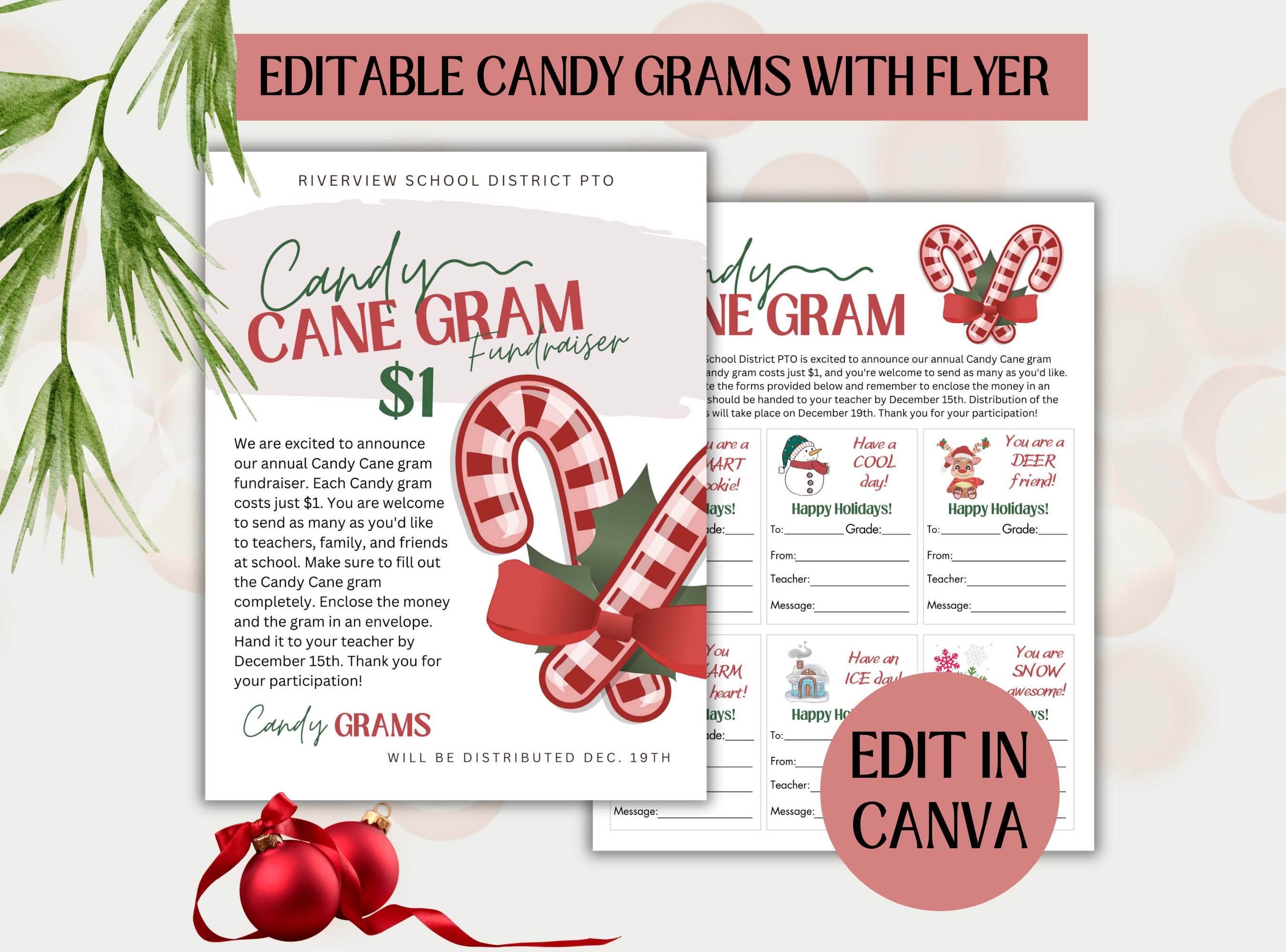 Editable Holiday Candy Cane Gram Printable, PTO, PTA Christmas Flyer - Etsy
