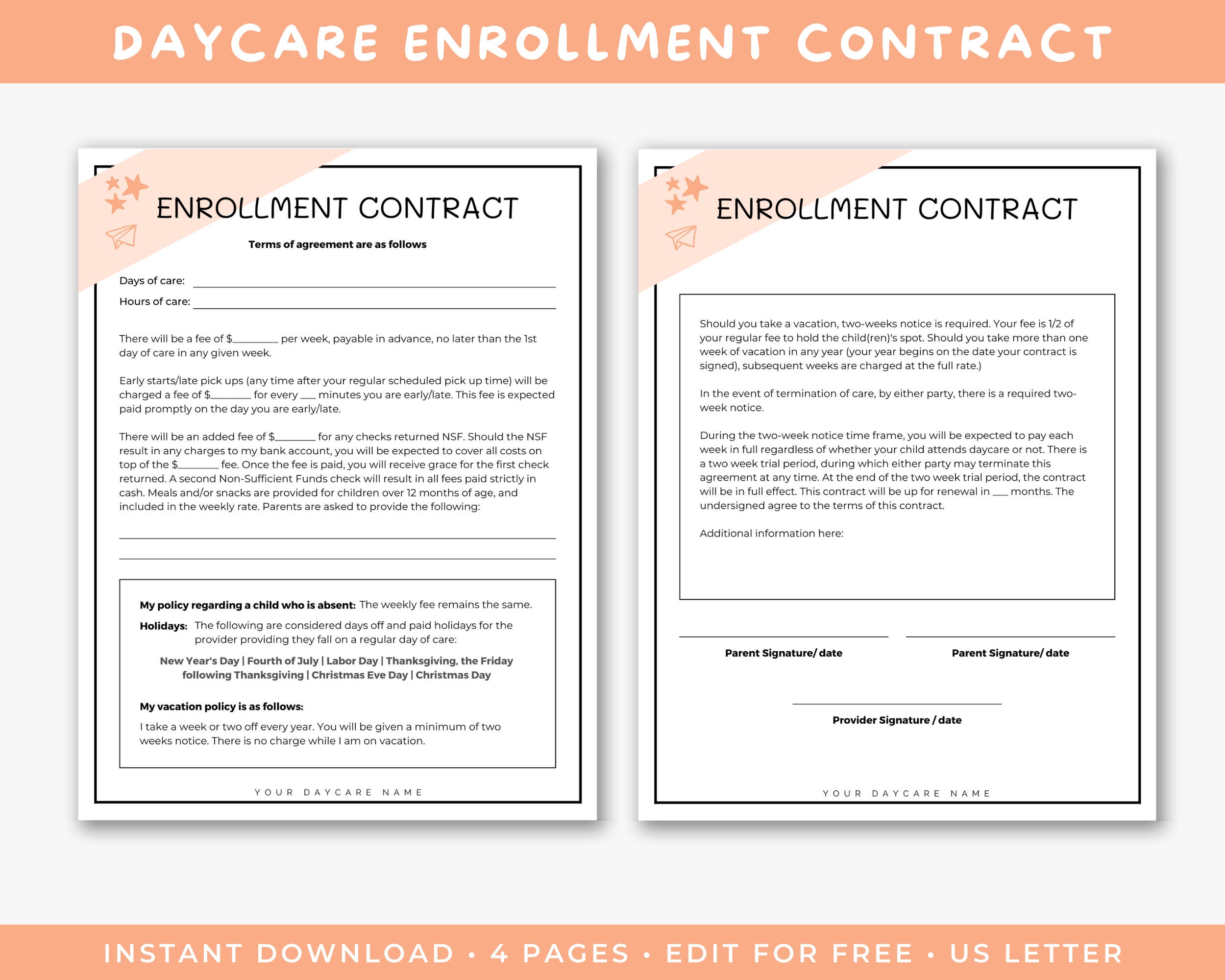 Editable Daycare Contract, Daycare Forms, in Home Daycare, Childcare ...