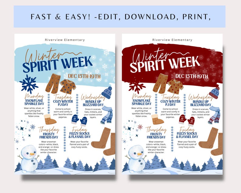Winter Spirit Week Template, Holiday Spirit Week Flyer, School Holiday ...
