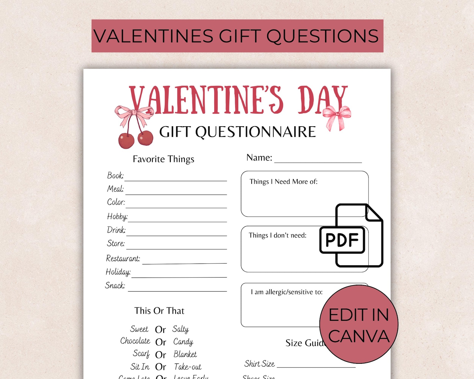 Editable Valentine's Day Gift Exchange Questionnaire, Printable ...