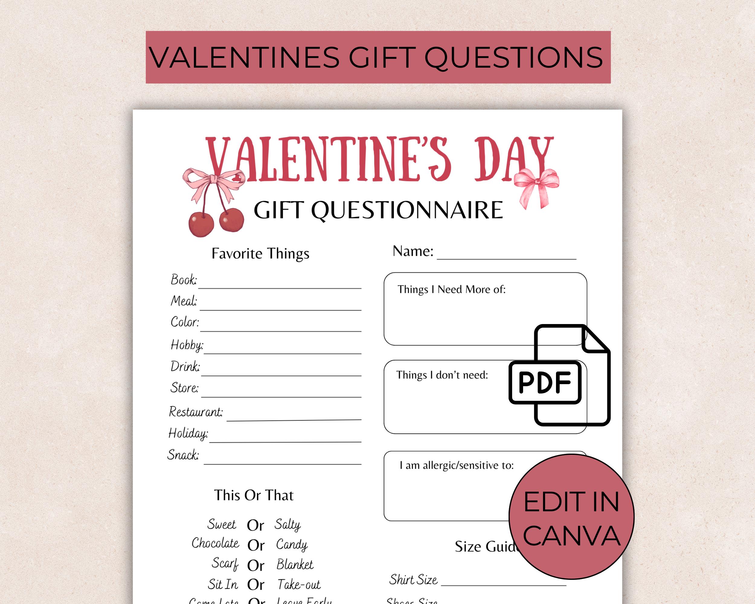 Editable Valentine's Day Gift Exchange Questionnaire, Printable ...