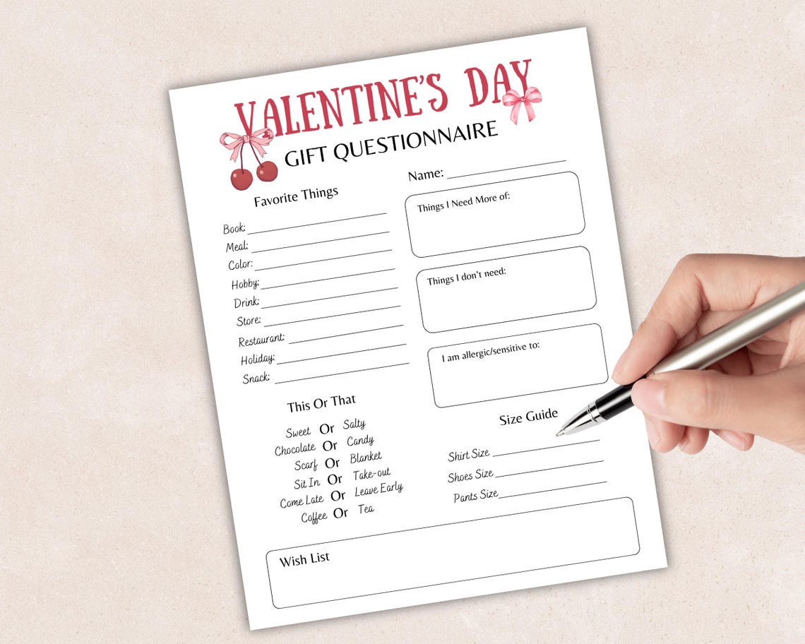 Editable Valentine's Day Gift Exchange Questionnaire, Printable ...