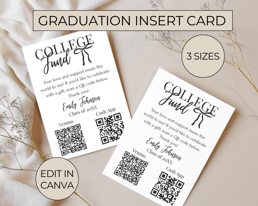 Graduation Insert Card, College Fund QR Code Card, Tip the Graduate ...